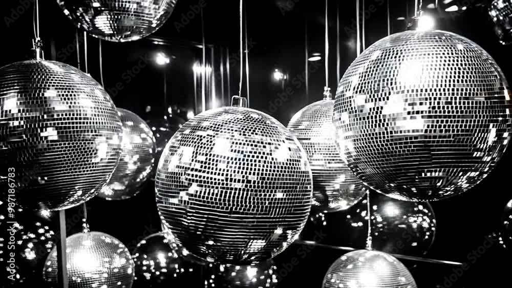 Disco party balls silver in nightclub. Silver mirror disco ball at a ...