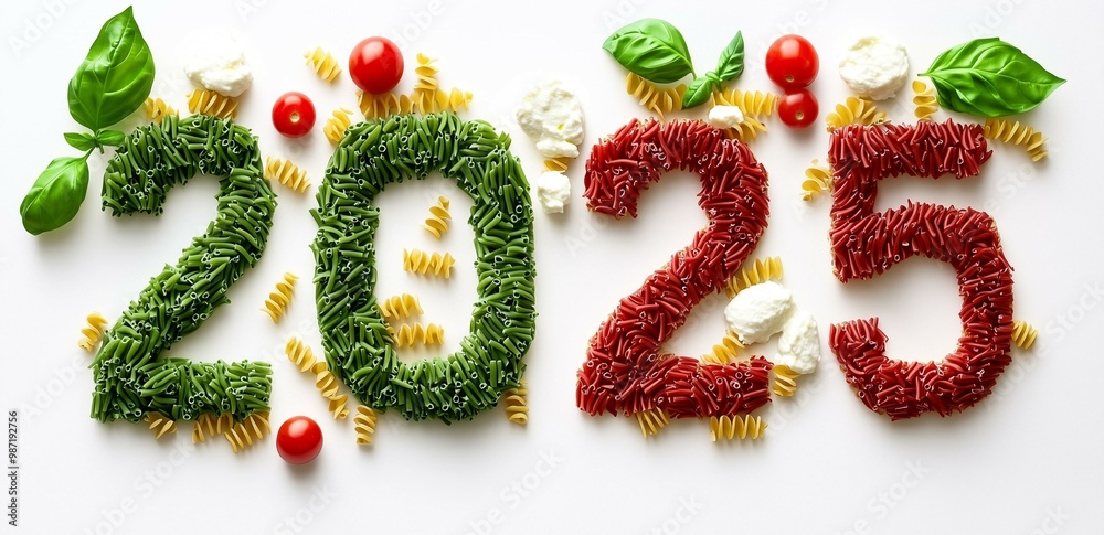 Text "2025" made of pasta. Italian calendar 2025. Colors of the Italian ...