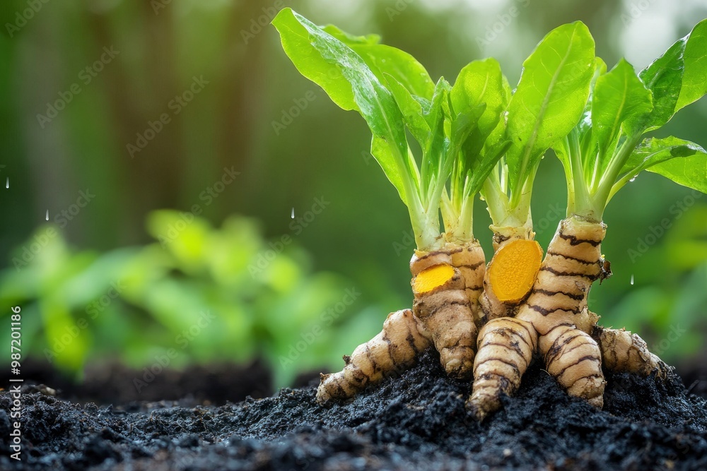 aromatic asian herbal plant roots turmeric raw and fresh with young new ...