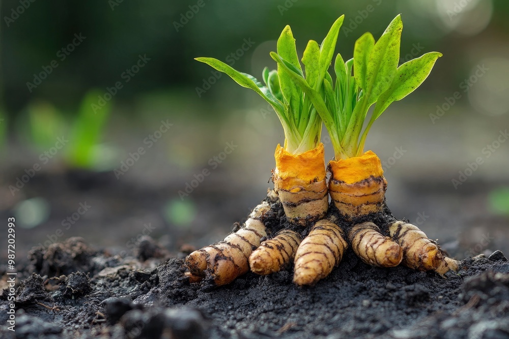 aromatic asian herbal plant roots turmeric raw and fresh with young new ...