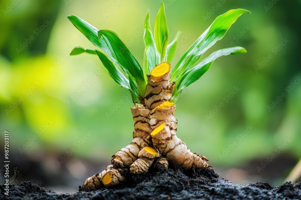 aromatic asian herbal plant roots turmeric raw and fresh with young new ...