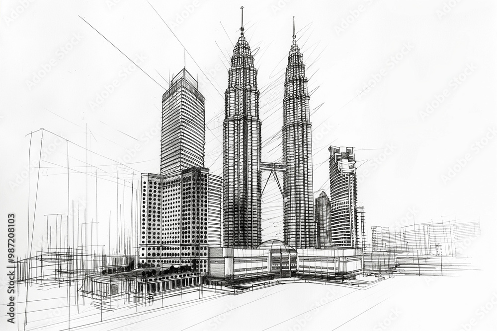 Hand-drawn sketch of the iconic Petronas Towers in Kuala Lumpur ...
