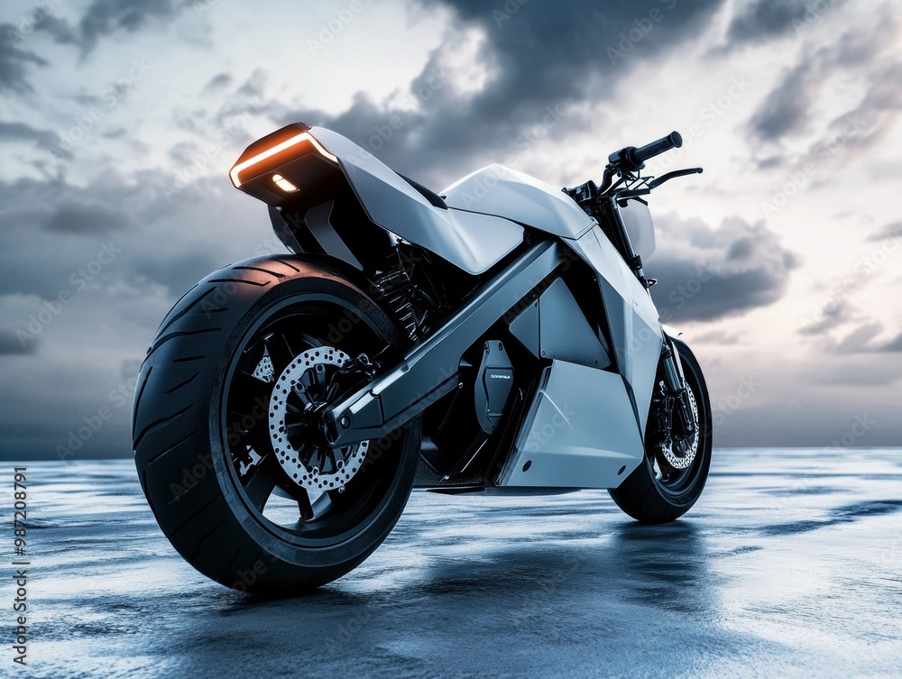Futuristic electric motorcycle showcased in dramatic lighting ...