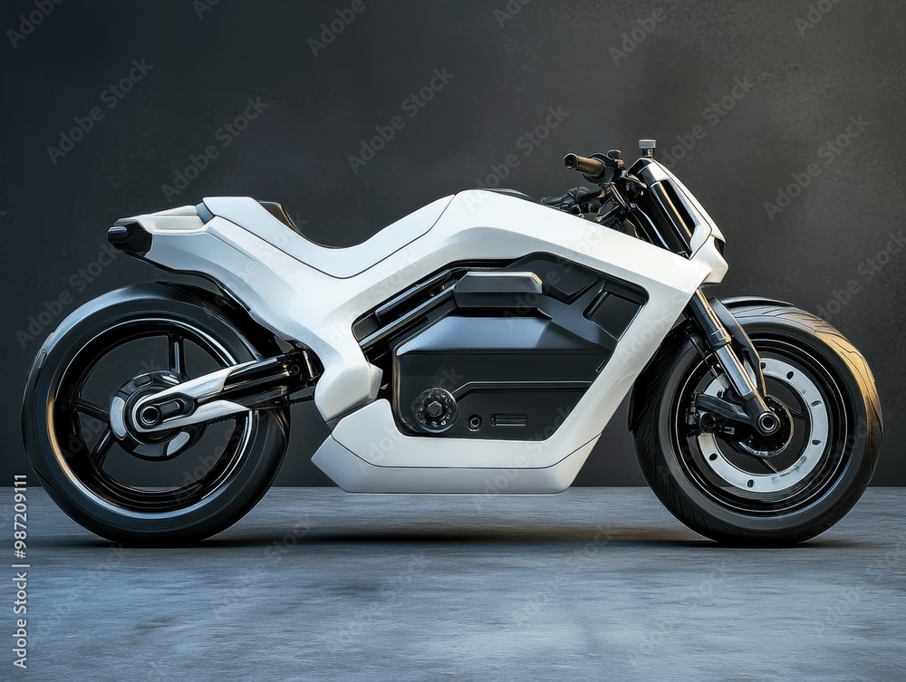 Futuristic electric motorcycle showcased in dramatic lighting ...