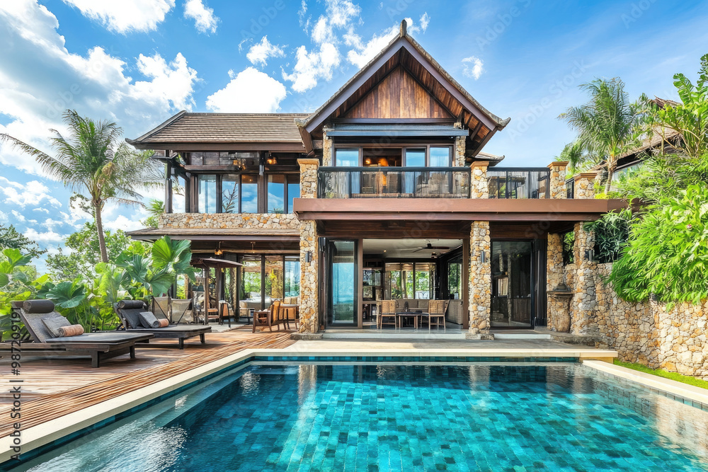 an elegant one-story villa with wooden accents, featuring a large pool ...