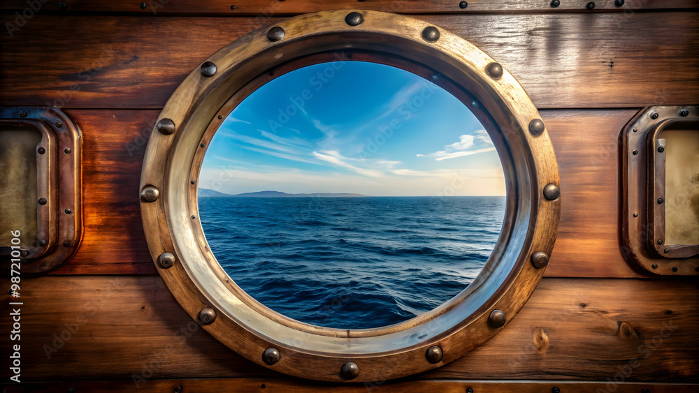 Rusty porthole on old ship cabin showing view of silent ocean surface ...