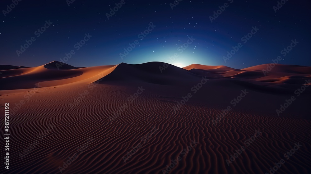 Sand dunes overlooking the sunset, sunrise. Desert at night under a ...