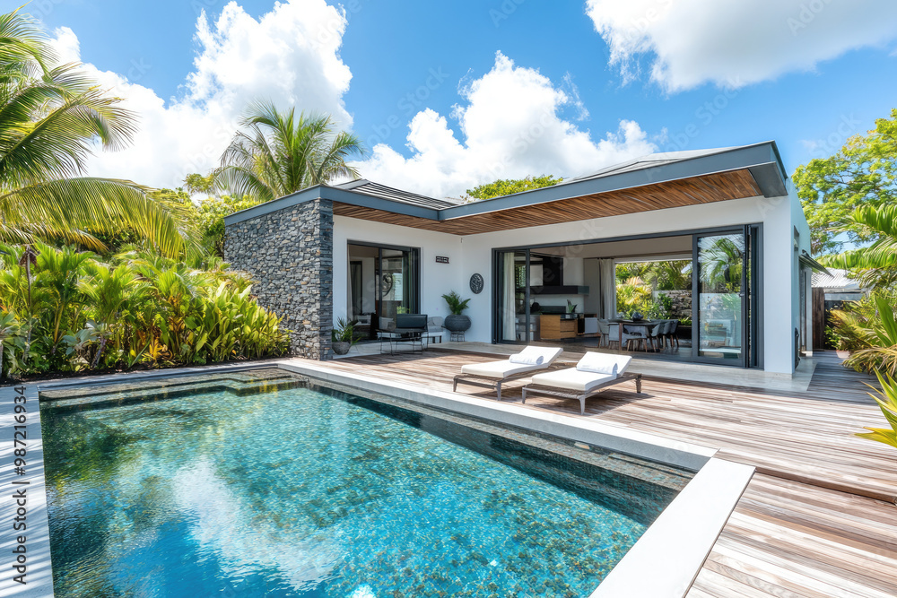 Modern one-story villa with a wooden floor, white walls, and dark gray ...