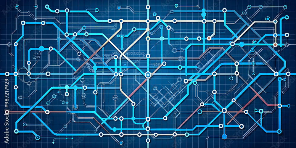 Complex blue subway map with many lines and stops, subway, map ...