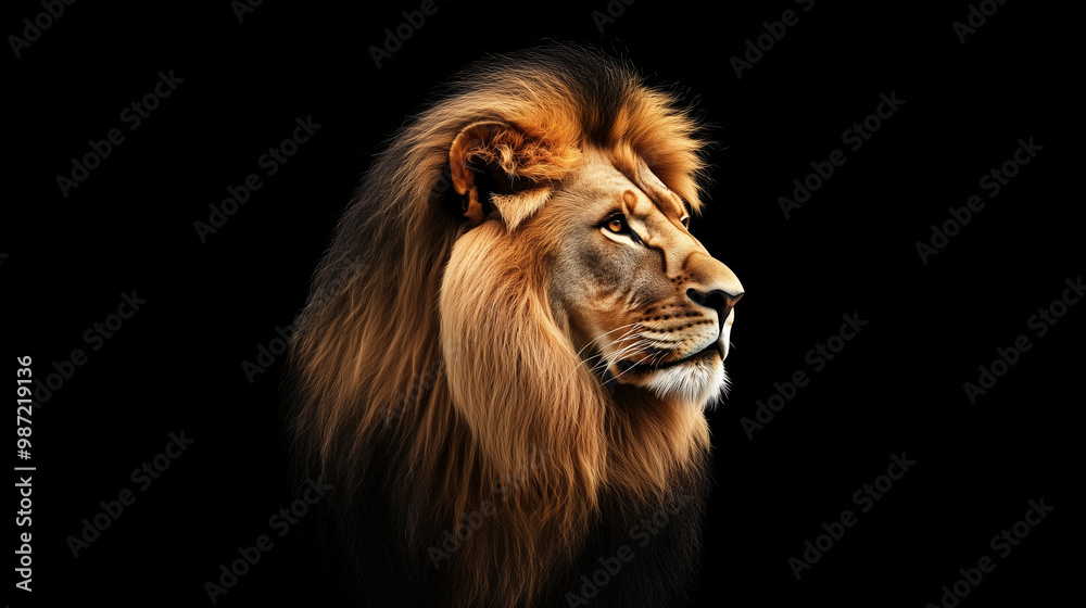 A side profile of a majestic lion with a simple golden mane on a solid ...