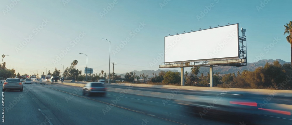 Blank advertising mockup on a highway billboard with cars speeding past ...