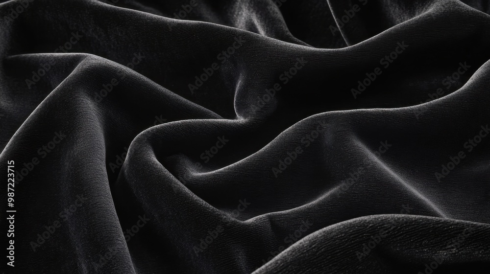 Deep black velvet with soft ripples and a subtle sheen, exuding ...