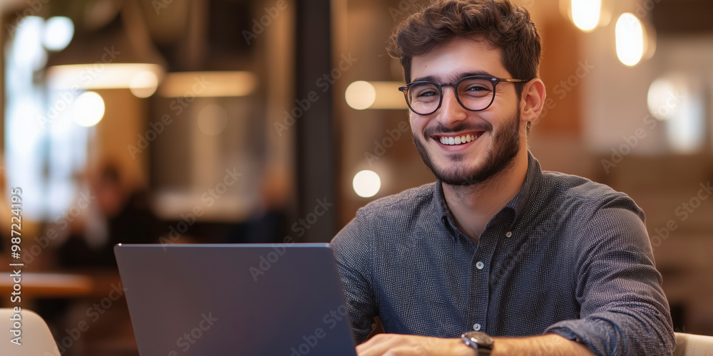 Hombre joven CEO de una empresa startup en la oficina, sonriendo ...