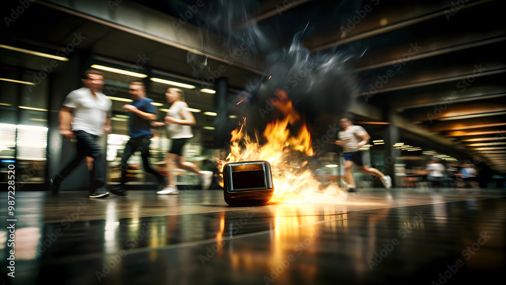 motion blur of people passing by a fire alarm in a subway station ...