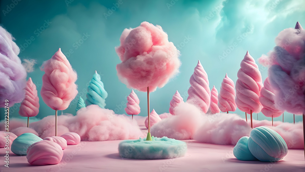Pastel surreal background with pink sweet cotton candy in a snapshot of ...