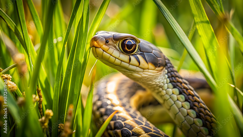 A close-up image of a sneaky snake hidden in tall grass, snake, hidden ...