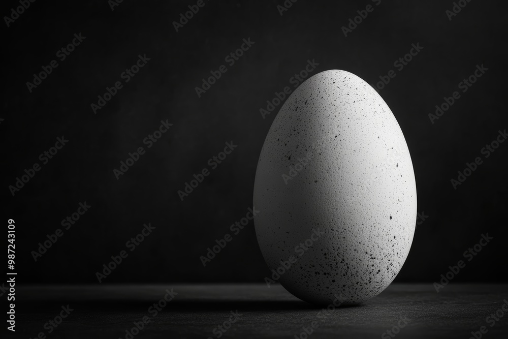 The white egg is positioned upright against a dark backdrop ...