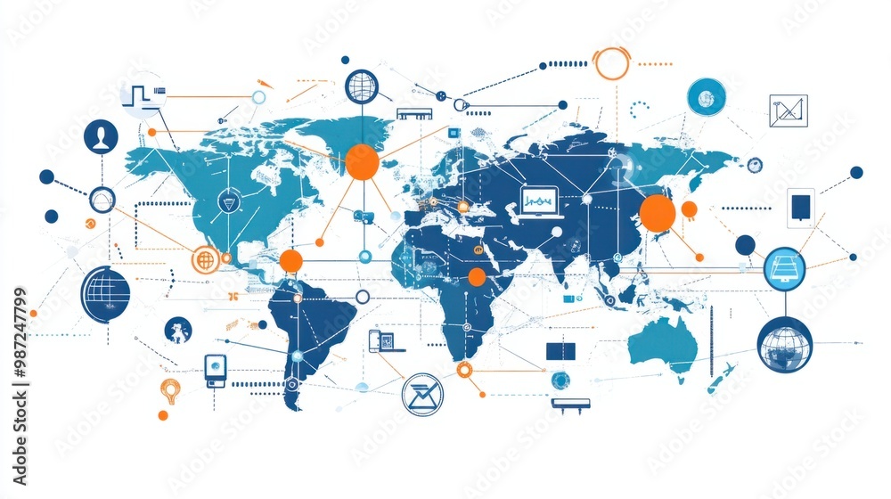Global map with connecting lines and icons representing digital ...