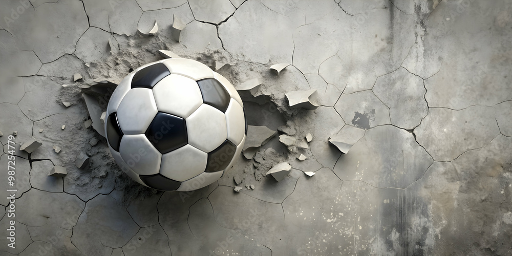 Soccer ball breaking through concrete wall with impact damage, soccer ...