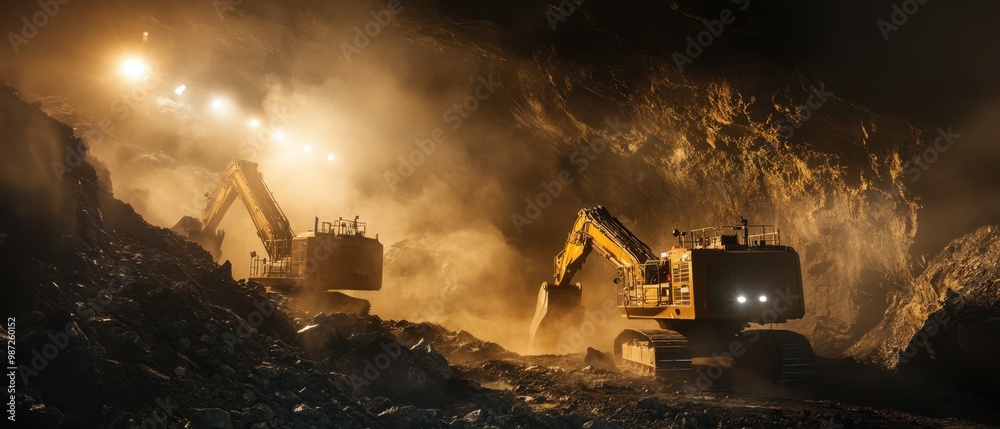 Gold miners in action, illuminated by powerful spotlights, operating ...