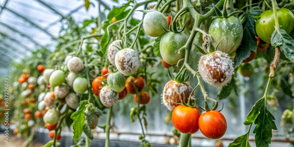 Diseased tomato plants infested with whiteflies in a greenhouse setting ...