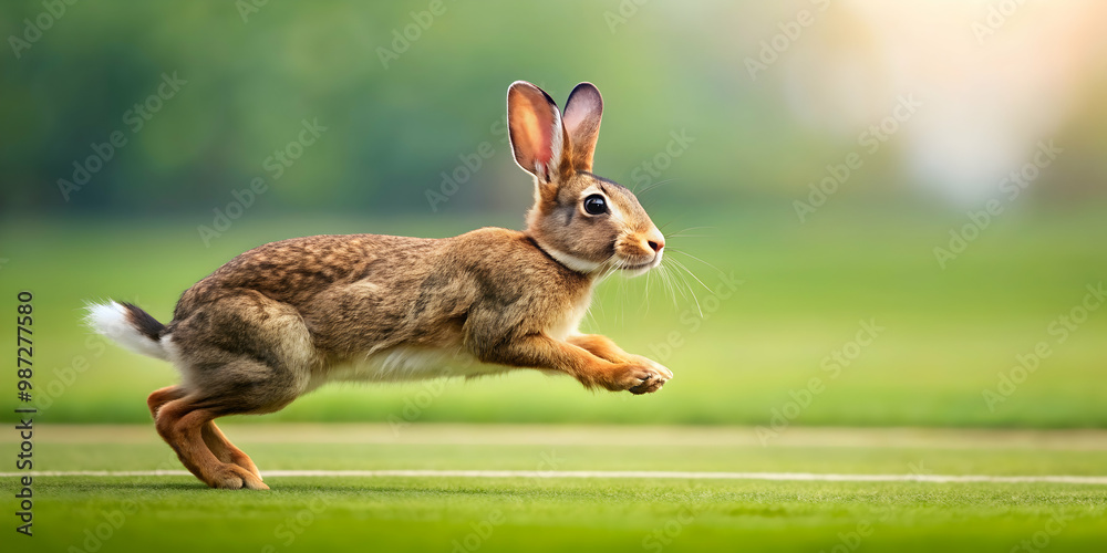 Brown rabbit competing in a running race, competition, speed, agility ...