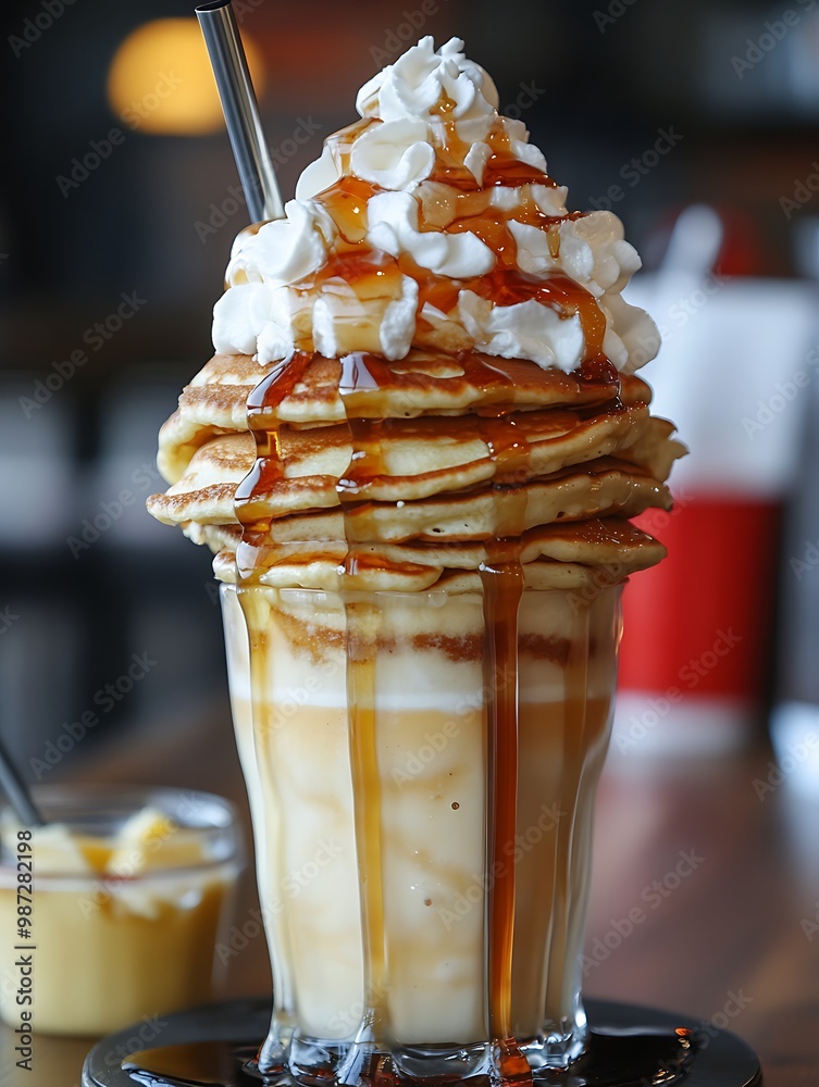 Pancake Stack Supreme: A milkshake topped with a stack of mini pancakes ...