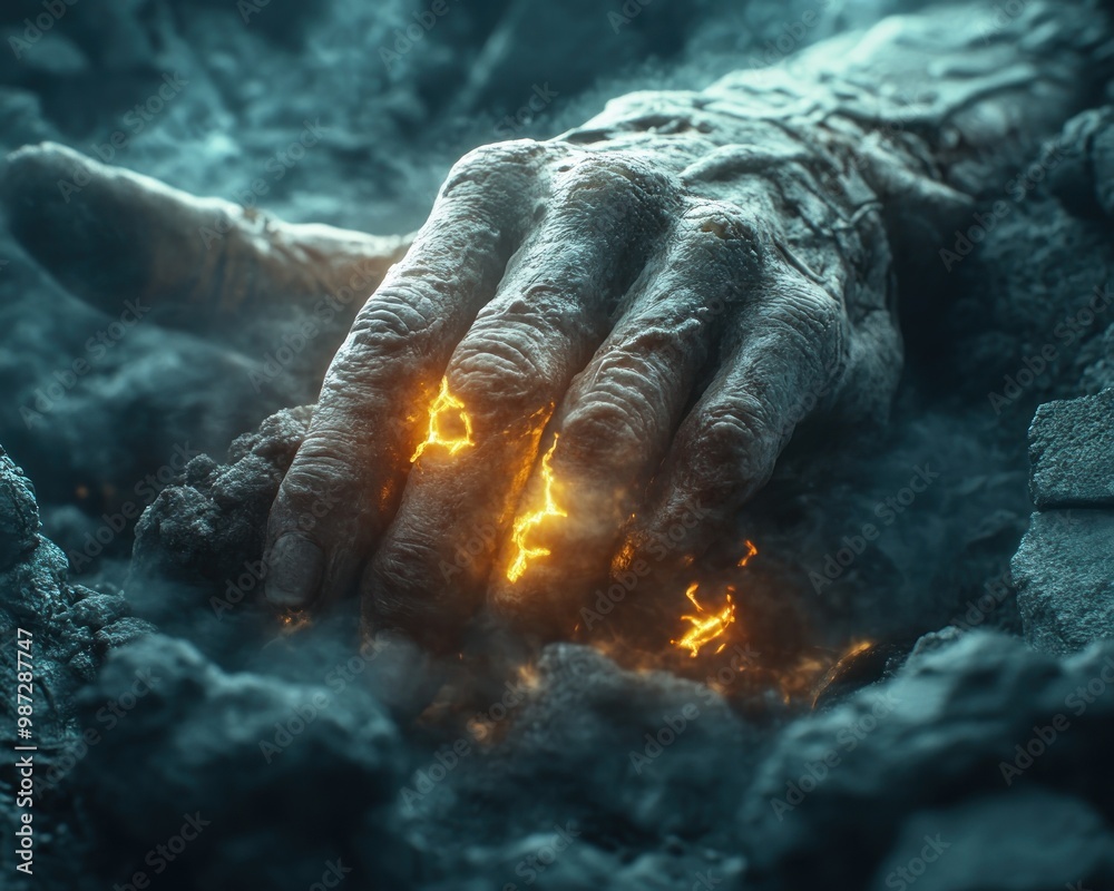 Eerie Glowing Undead Hand Emerging from Forgotten Crypt, Mystical Dark ...
