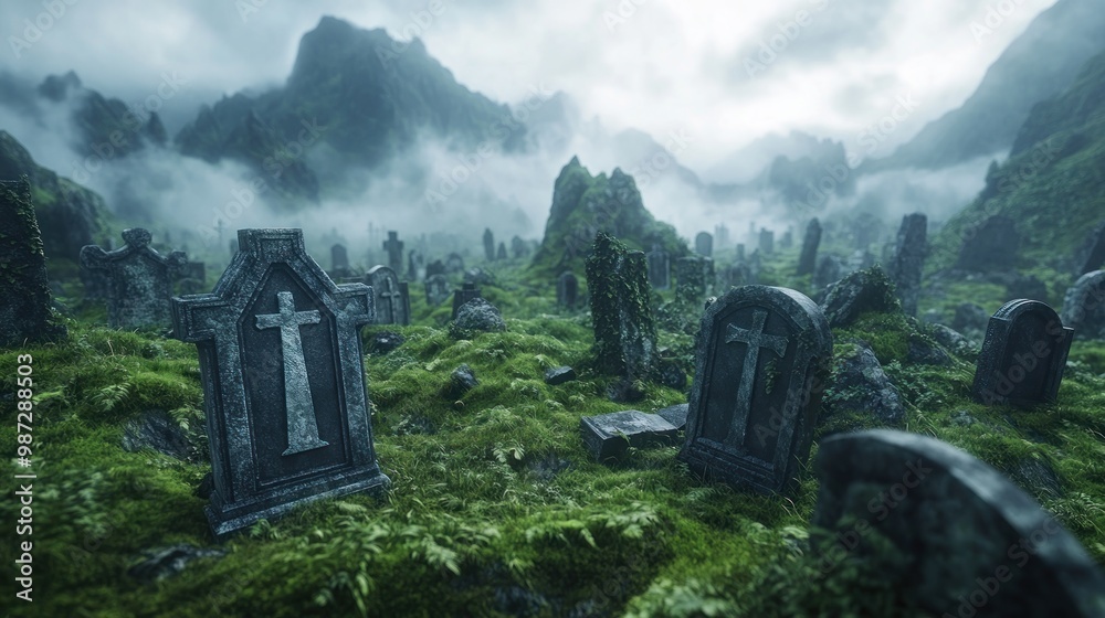 Eerie Graveyard with Mist and Rising Undead Spirits, Spooky Halloween ...
