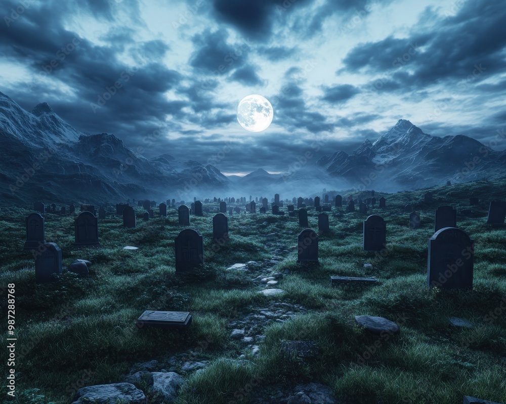 Foto de Eerie Moonlight Bathes Gothic Graveyard in Shadows, Dark Tombstones and Mysterious ...