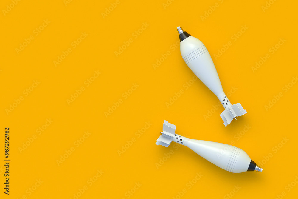 Scattered mortar shells on orange background. Military mine. Army ammo ...