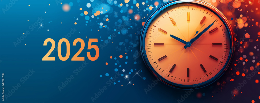 Clock merging into a calendar page with the year 2025 highlighted Stock ...