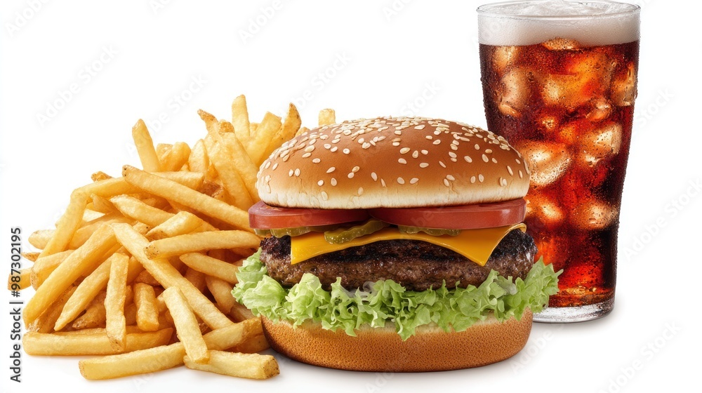 A fast food combo meal with a triple burger, large fries, and extra ...
