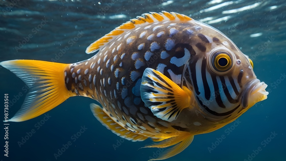 Red and white Checkerboard discus (Pompadour fish) on isolated blue ...