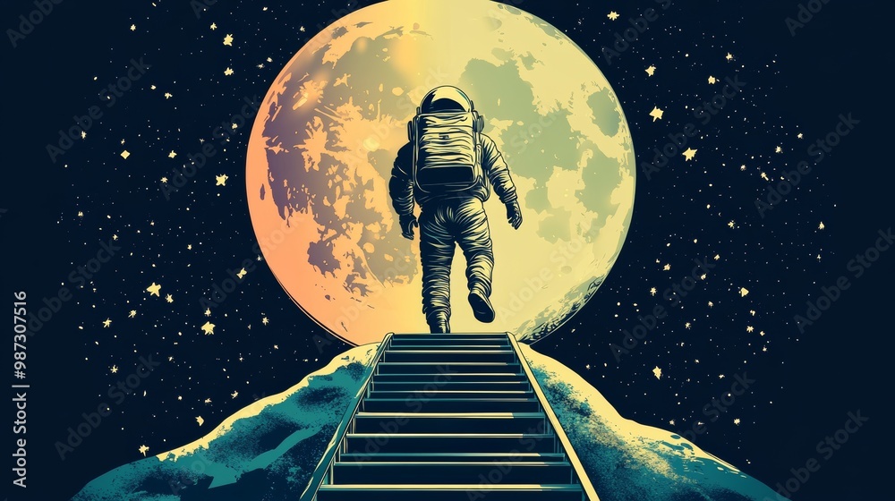 Astronaut climbs the stairs to the moon. Pop art retro vector ...
