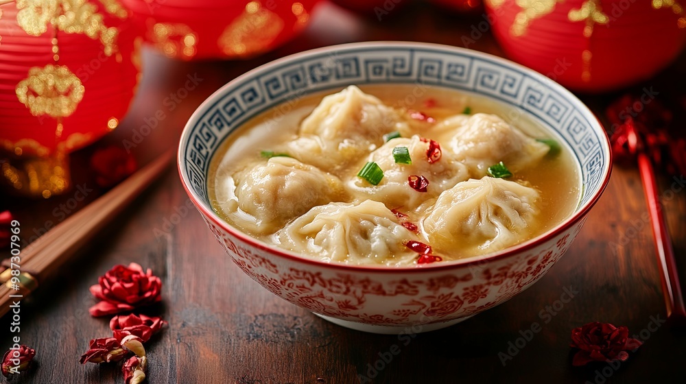 Chinese wonton soup (Hun Dun Tang) in a bowl with Chinese New Year ...