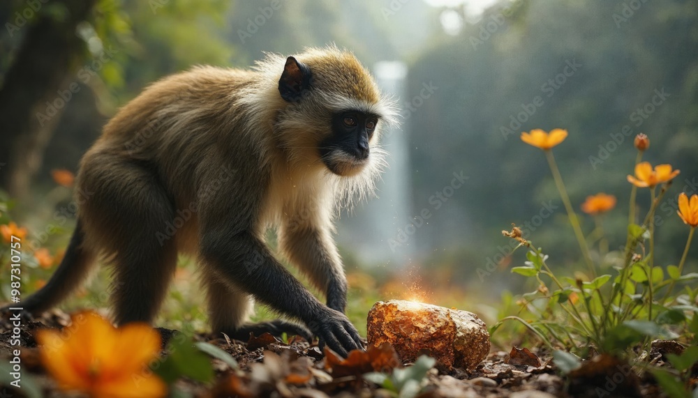 Curious monkey with brown fur and black face inspecting a golden ...