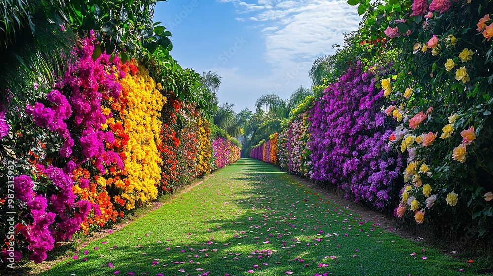 A breathtaking long flower gallery extending into the distance with a ...
