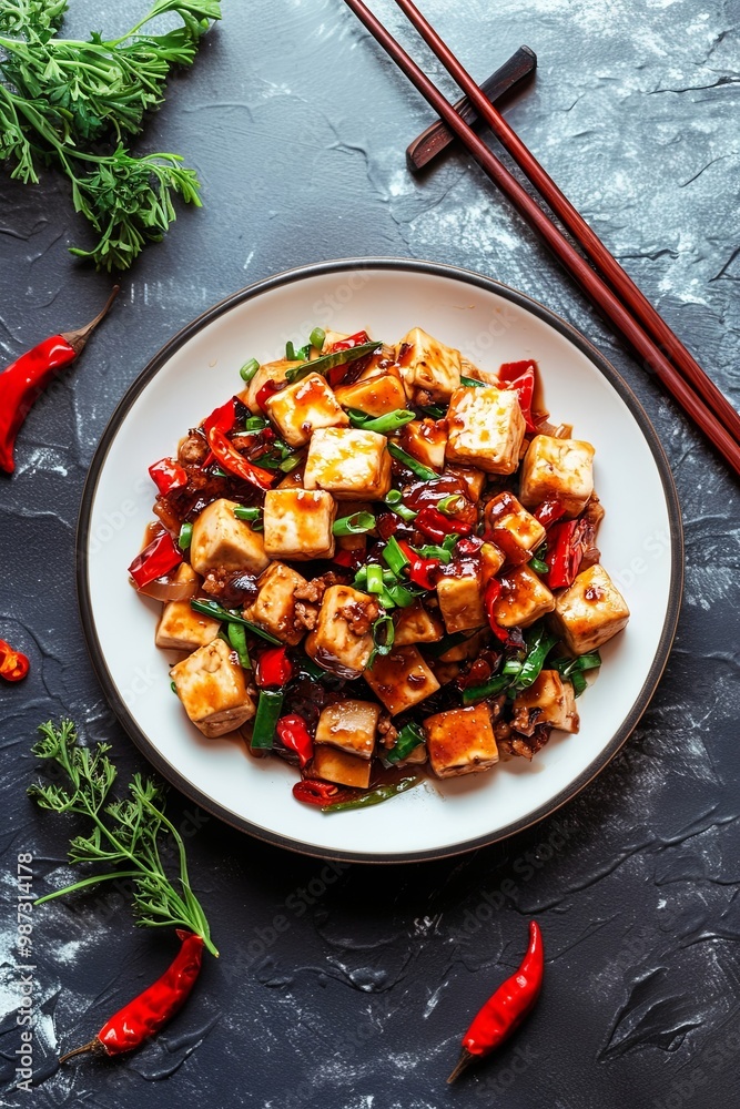 Chinese vegetable and tofu stir-fry (Chao Dou Fu) on a plate, with a ...