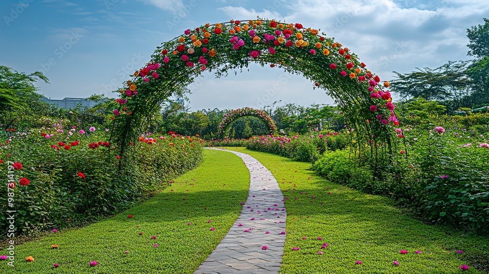A breathtaking long flower gallery extending into the distance with a ...