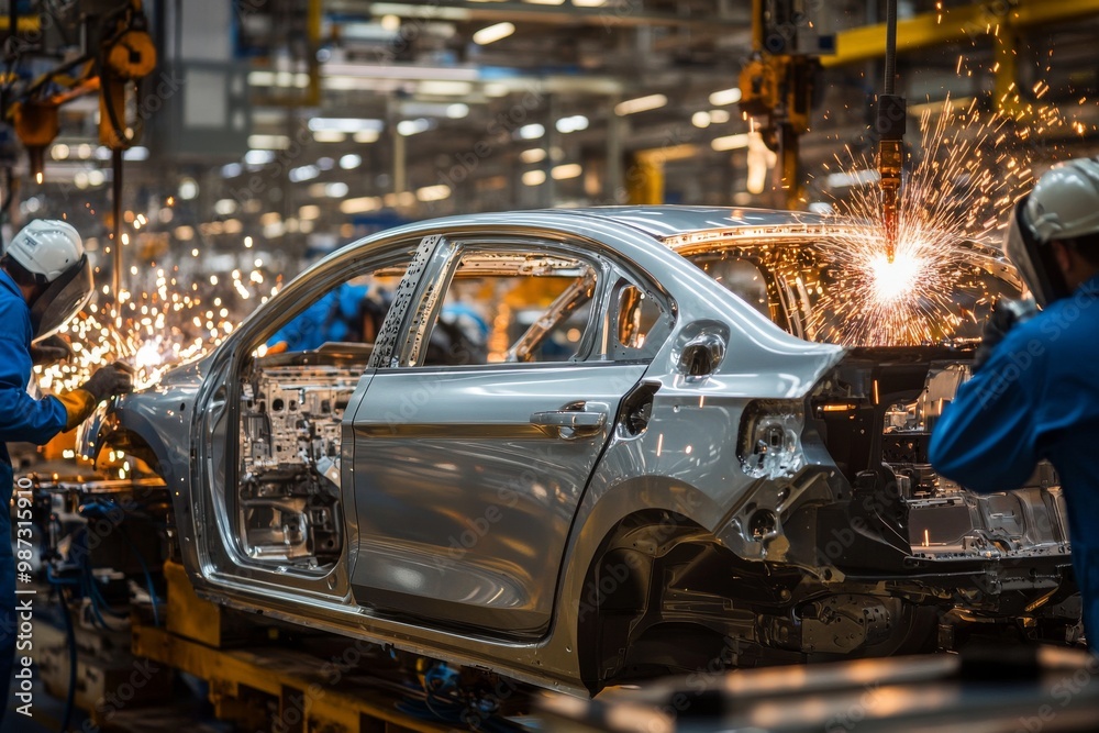 Car production line workers working on car bodies in a factory, with ...