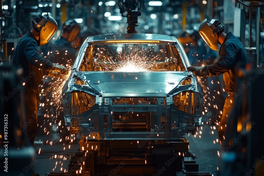 Car production line workers working on car bodies in a factory, with ...