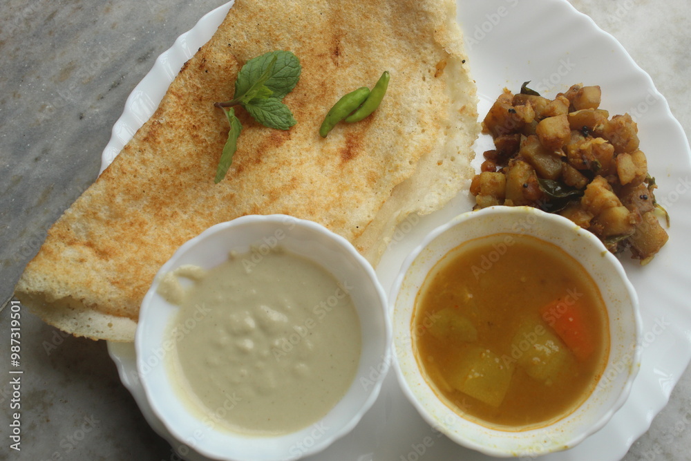 Homemade Dosa or dhosa, masala, plain, maisuri with Chutney and Sambar ...