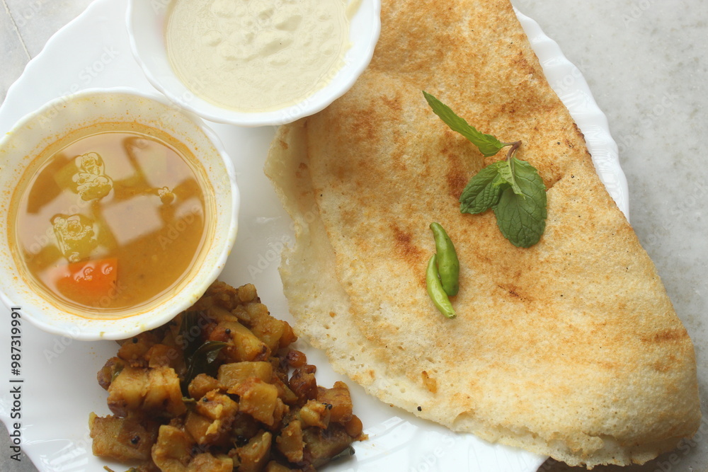 Homemade Dosa or dhosa, masala, plain, maisuri with Chutney and Sambar ...