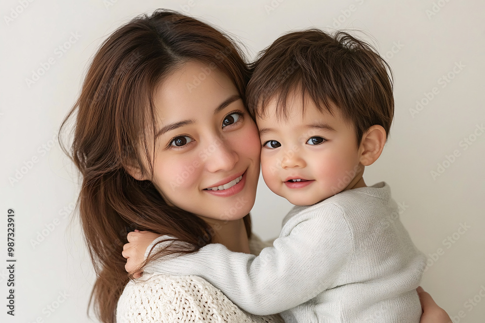 Young Japanese mother holding her cute young son, both looking into the camera, in front of a ...