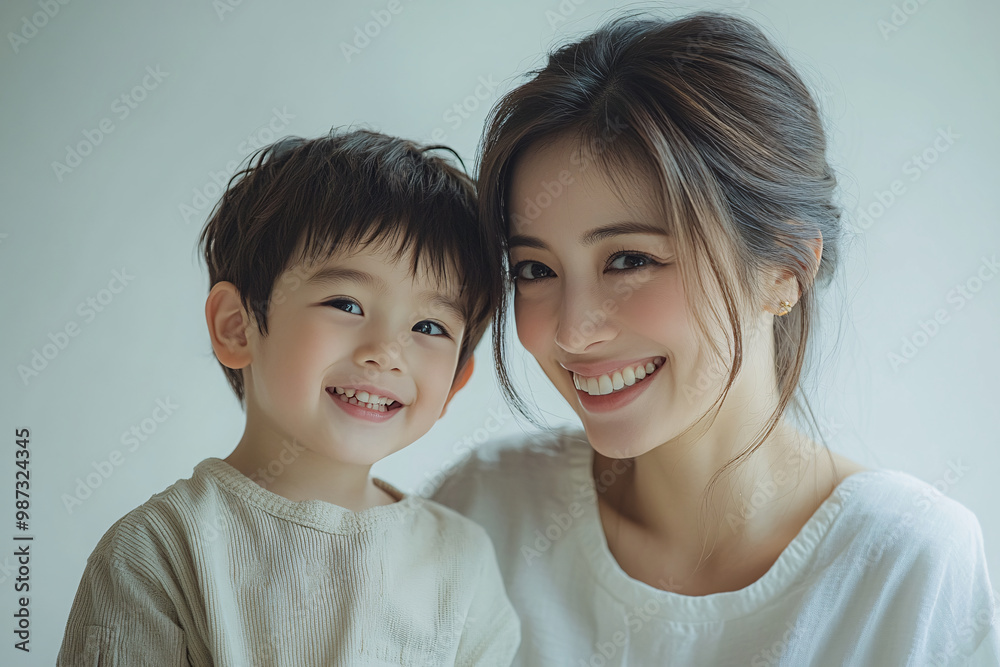 Young Japanese mother holding her cute young son, both looking into the camera, in front of a ...