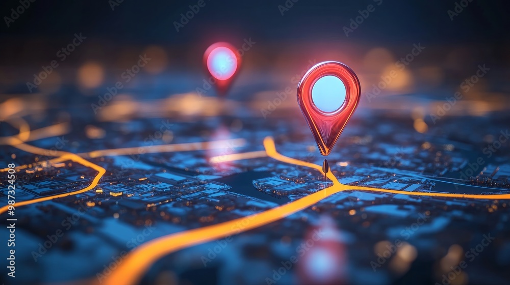 Digital hand-drawn location marked with two pins on a map. Future ...