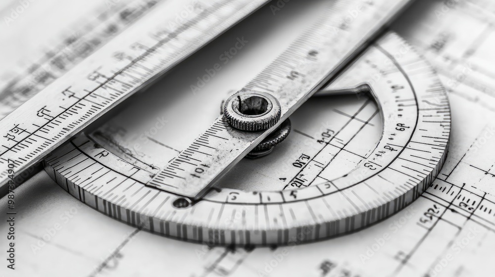An angle measuring tool set. 180-degree measure and round 360 ...