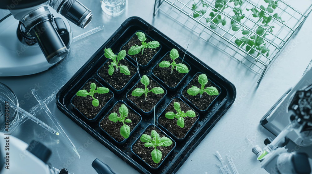 overhead view of bioengineered plant seedlings arranged in a neat grid ...