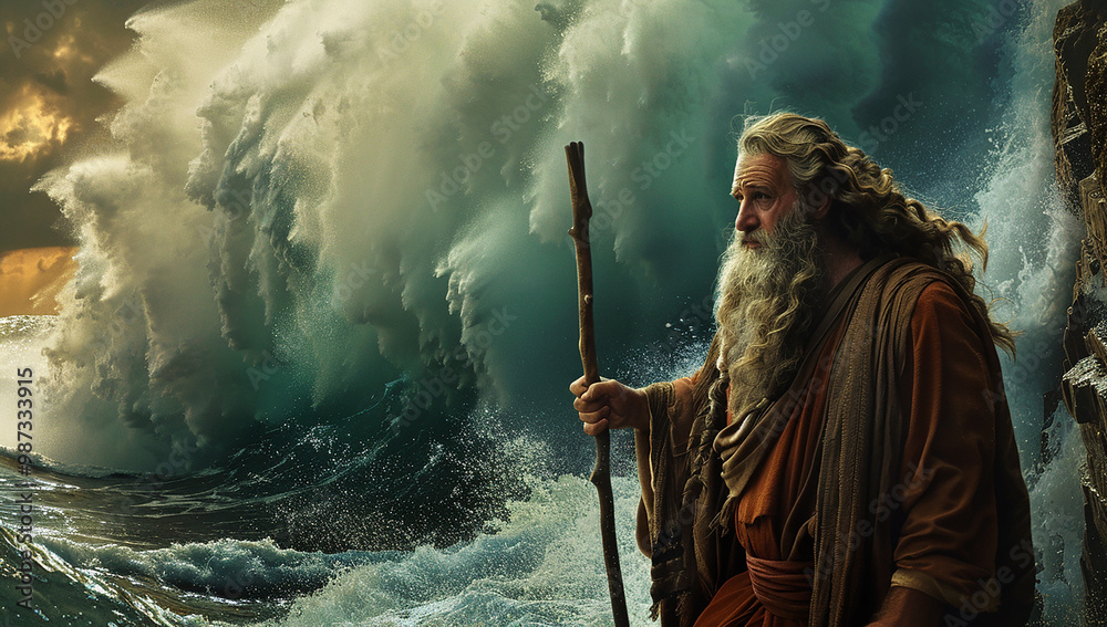 Moses crossing the Red Sea through the wall of water, holding the staff ...